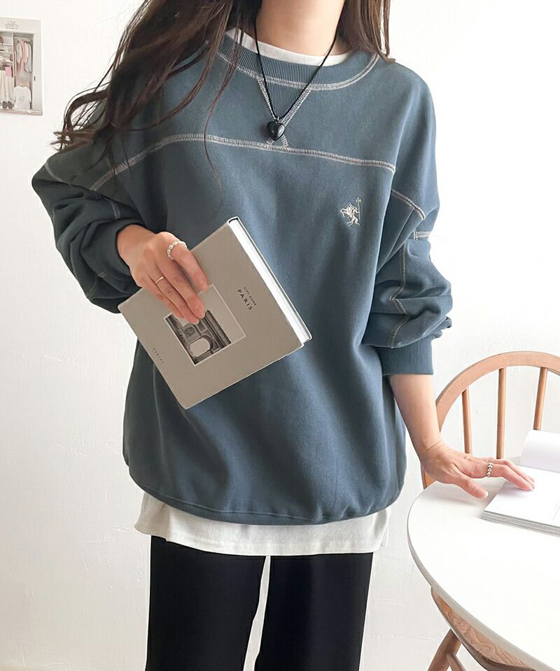 日本 Classical Elf - Java聯名 POLO刺繡拷克邊圓領大學T-灰藍｜媽咪愛