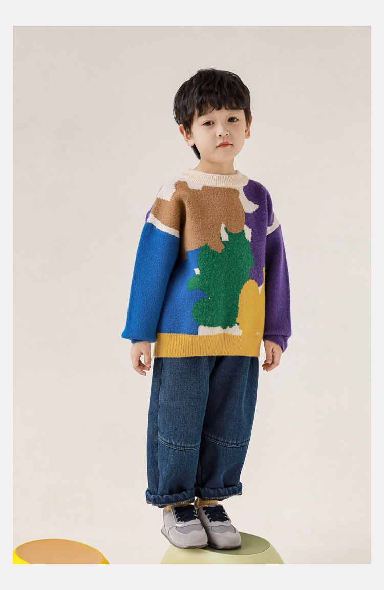 TONGMO - 落肩圓領拼色針織長袖毛衣-杏+藍+紫+黃｜媽咪愛