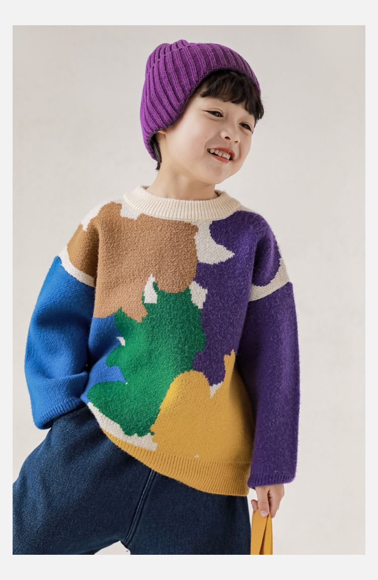 TONGMO - 落肩圓領拼色針織長袖毛衣-杏+藍+紫+黃｜媽咪愛
