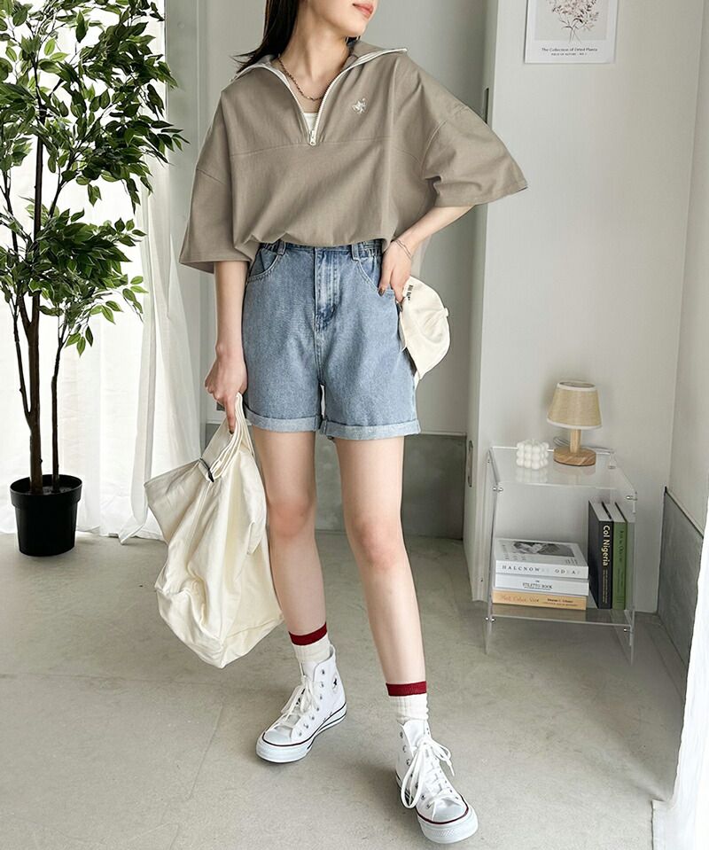 日本 Classical Elf - 100%天竺棉 POLO刺繡拉鍊短袖上衣-暖橘｜媽咪愛