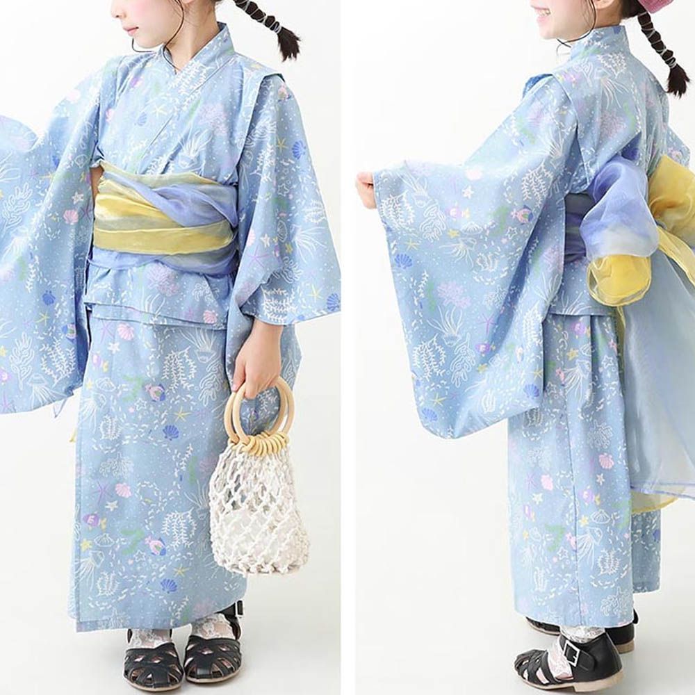 日本 devirock - 2way穿搭浴衣洋裝華麗4件組-繽紛貝殼-水藍｜媽咪愛