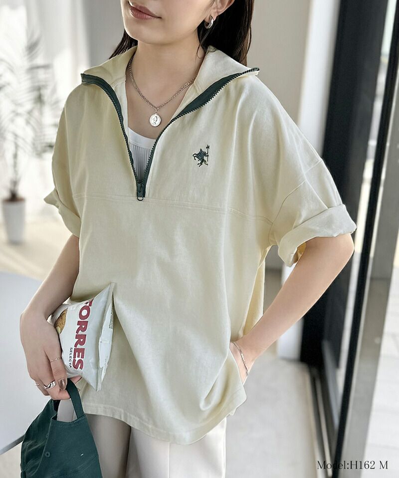 日本 Classical Elf - 100%天竺棉 POLO刺繡拉鍊短袖上衣-暖橘｜媽咪愛