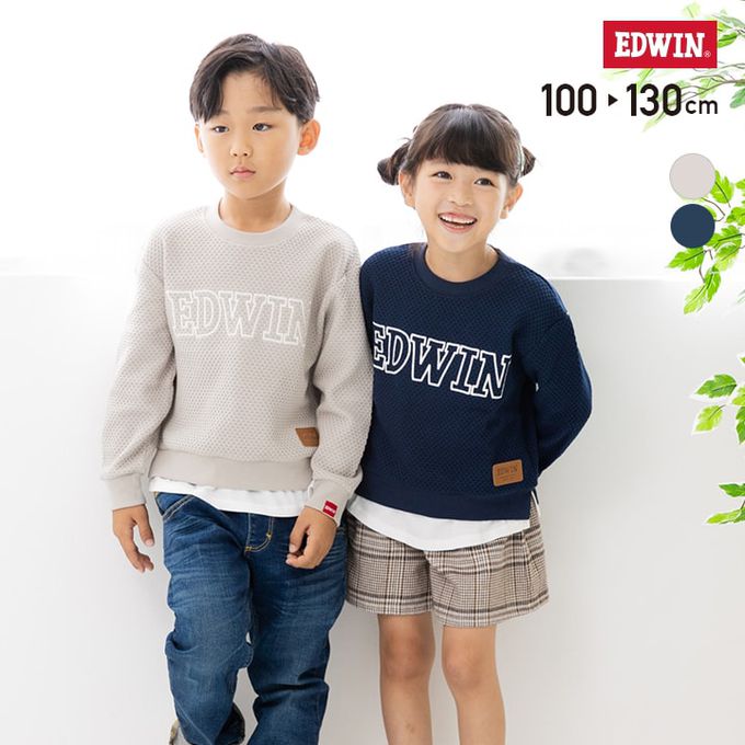 日本 Chil2 - EDWIN聯名 鬆餅格長袖上衣-logo線條-灰棕｜媽咪愛