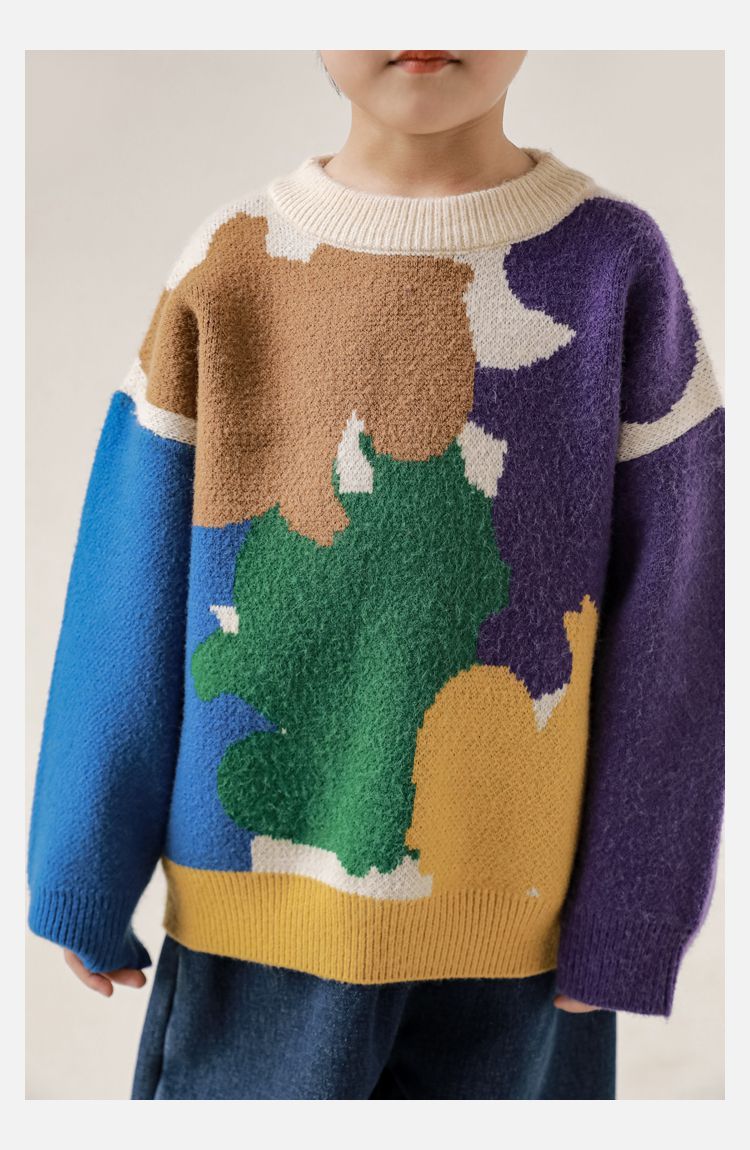 TONGMO - 落肩圓領拼色針織長袖毛衣-杏+藍+紫+黃｜媽咪愛