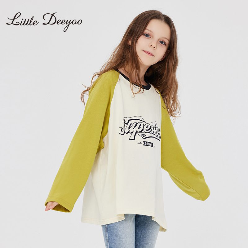 Little Deeyoo - 美式復古純棉拼接寬鬆圓領長袖上衣-英文字母-芥末黃+杏｜媽咪愛