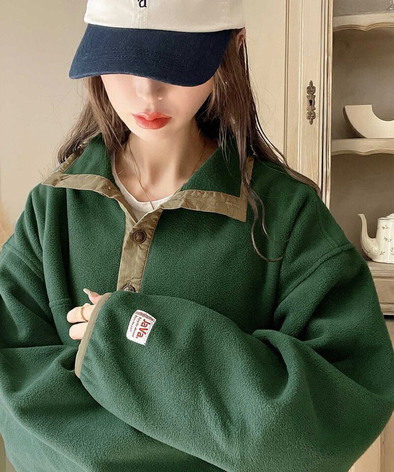 日本 Classical Elf - Java聯名 裏起毛配色開襟polo領上衣-芥黃｜媽咪愛
