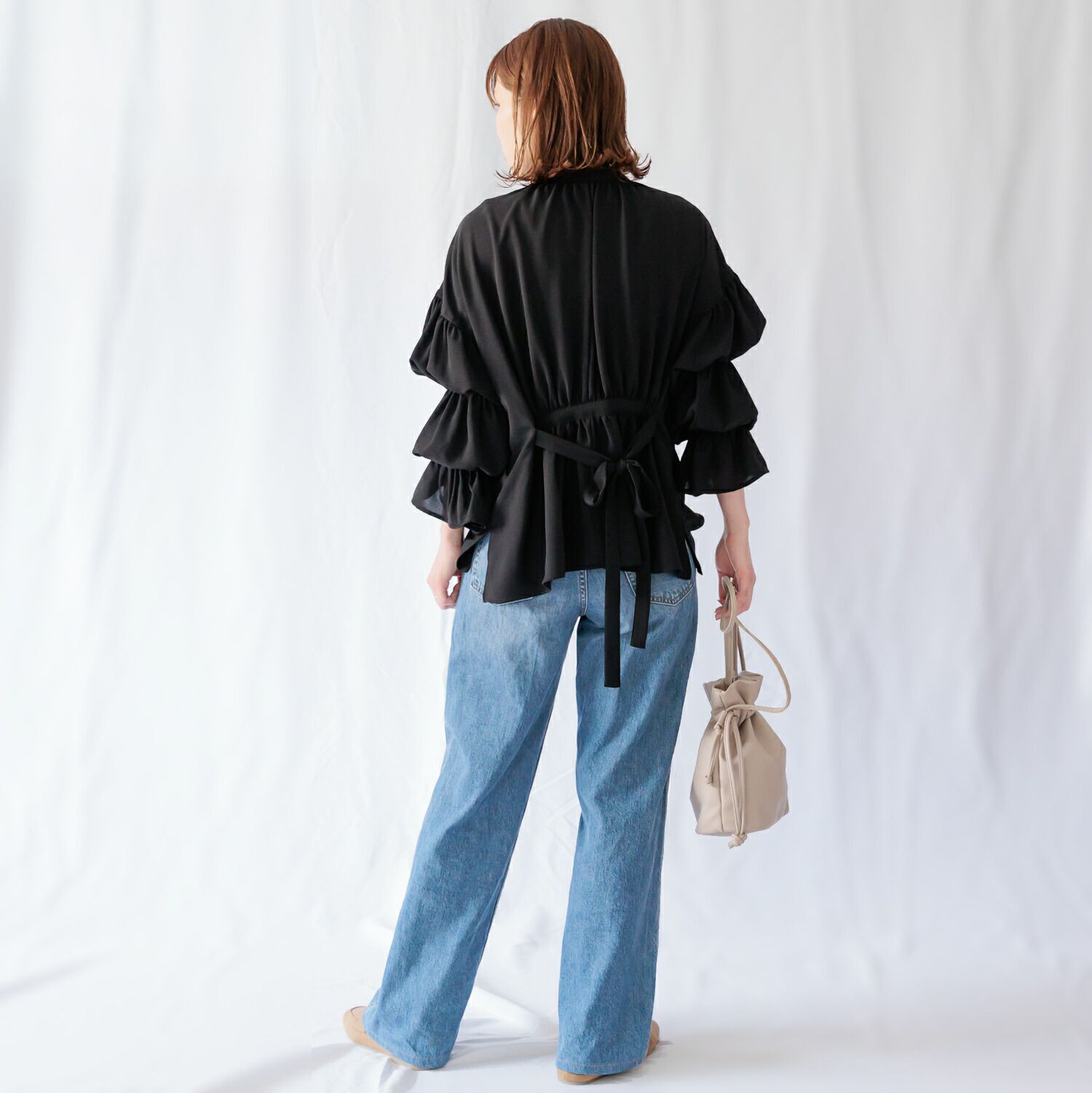 日本 ihuu - 甜美泡泡層次長袖襯衫-黑｜媽咪愛