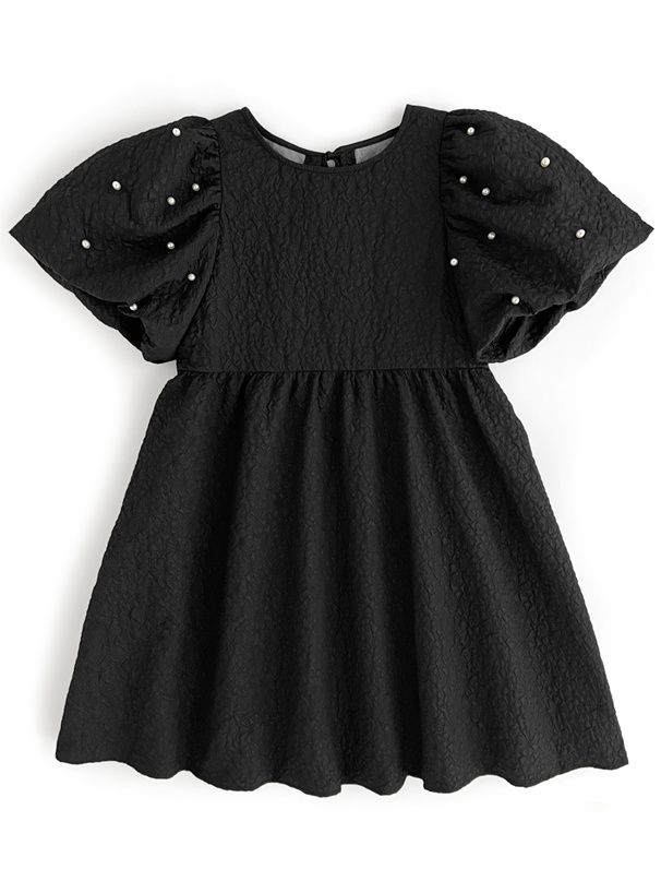 日本 GRL - 珍珠緹花紋理氣球袖短版洋裝-黑 (F)｜媽咪愛