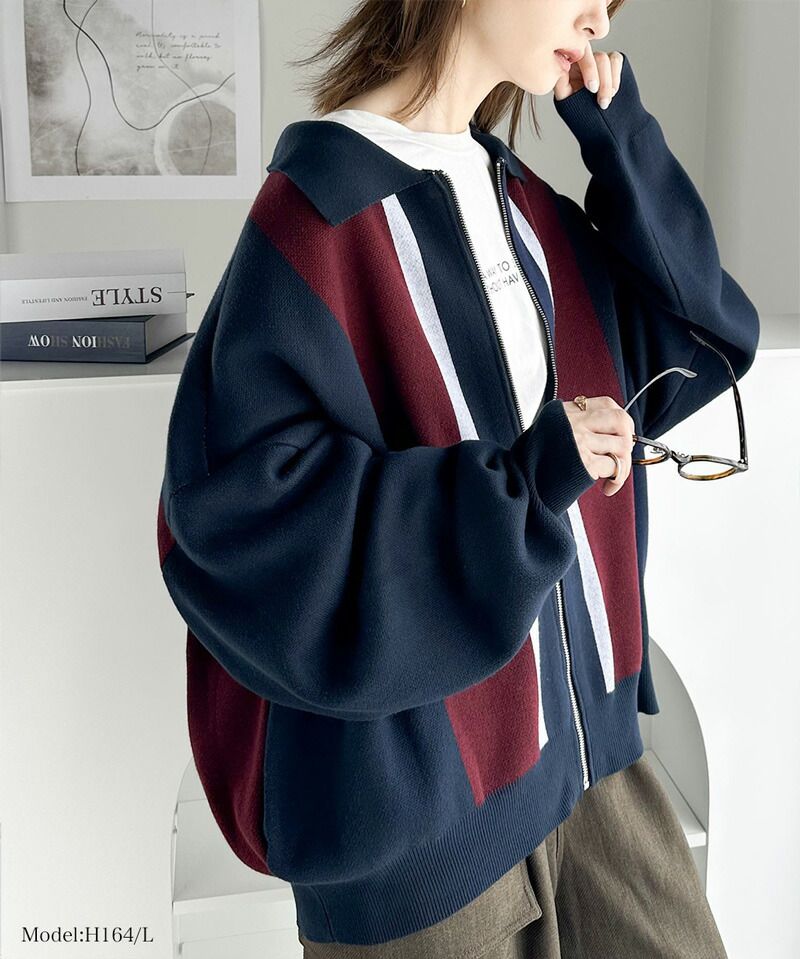 日本 Classical Elf - Java聯名 撞色條紋拉鍊針織薄外套-深藍x紅｜媽咪愛
