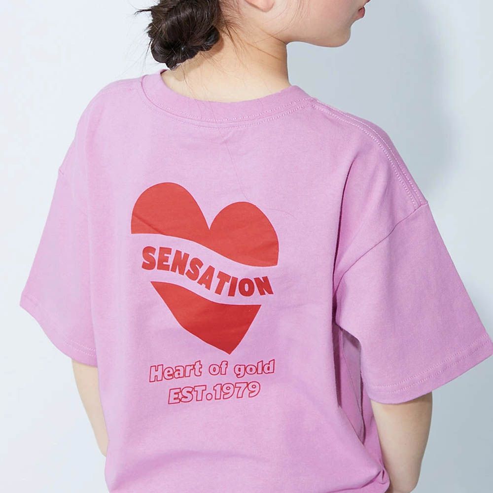 日本 devirock - 100%棉 定番可愛女孩印花短袖上衣-愛心-粉紅｜媽咪愛