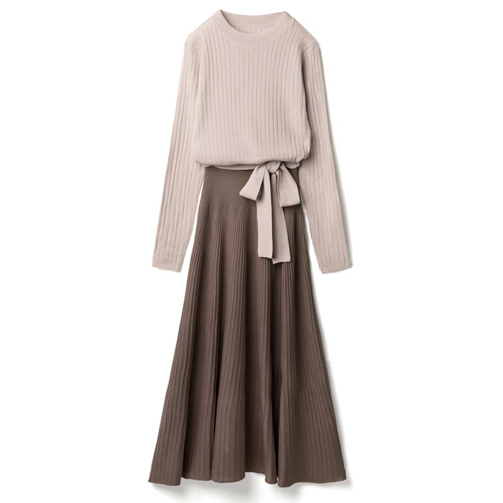 日本 GRL - 柔軟螺紋針織綁帶長袖洋裝-杏x摩卡｜媽咪愛