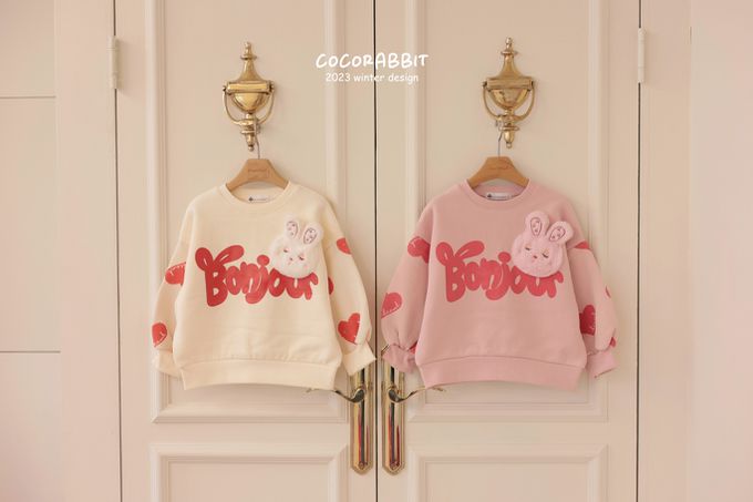 韓國 Coco rabbit - (內磨毛)Bonjour毛絨兔大學T-米白｜媽咪愛
