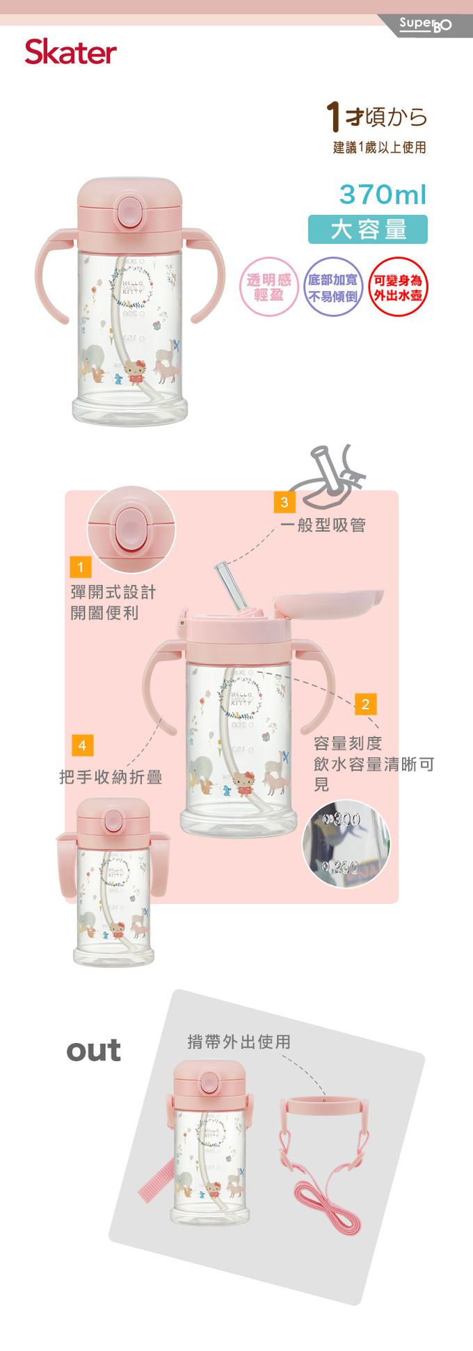 日本 SKATER - 寬底吸管杯(370ml)-Kitty｜媽咪愛