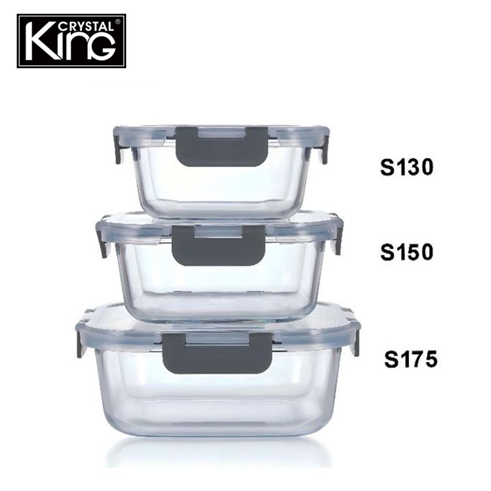 King Crystal - 耐熱玻璃保鮮盒-正方形(1230ml*1+800ml*1+525ml*1)-S175 + S150 + S130｜媽咪愛