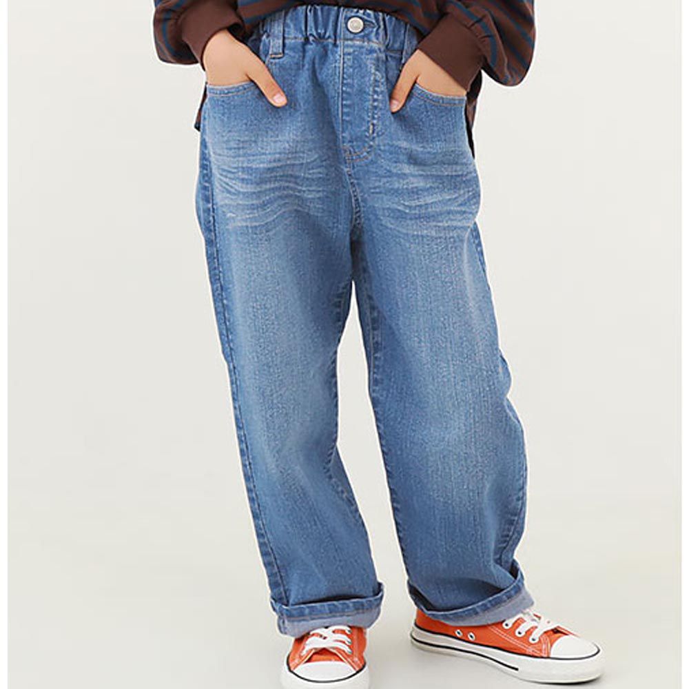 日本 devirock - RAKU DENIM 舒適丹寧褲-寬鬆直筒-牛仔藍｜媽咪愛