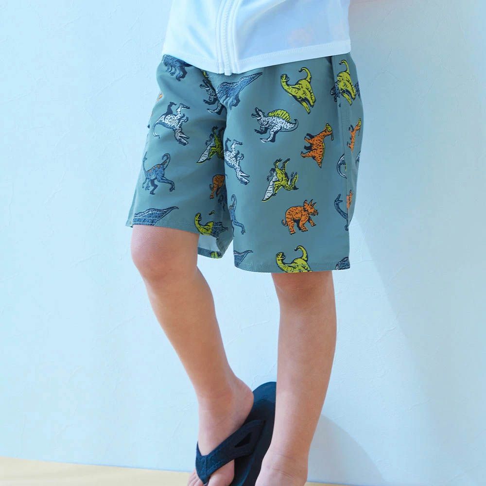 日本 devirock - 90%抗UV 鬆緊印花沙灘褲/泳褲(含內褲)-恐龍-藍綠｜媽咪愛
