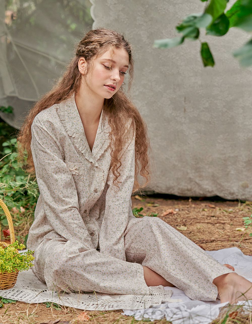 韓國 ULLALA - 清新小白花印睡衣套裝-米 (FREE)｜媽咪愛