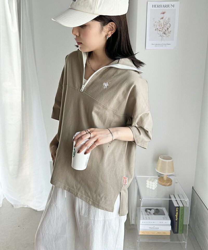 日本 Classical Elf - 100%天竺棉 POLO刺繡拉鍊短袖上衣-暖橘｜媽咪愛