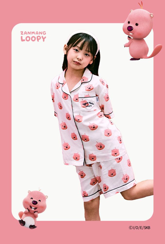 韓國童裝代購 - SPAO KIDS短袖睡衣套裝-卡通人物Loopy-象牙白｜媽咪愛