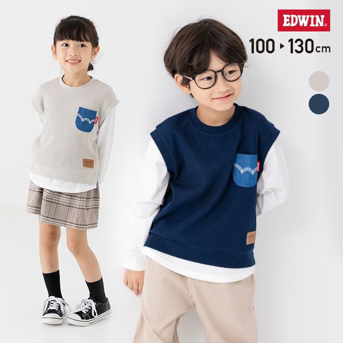 日本 Chil2 - EDWIN聯名 假二件logo口袋長袖上衣-灰棕｜媽咪愛