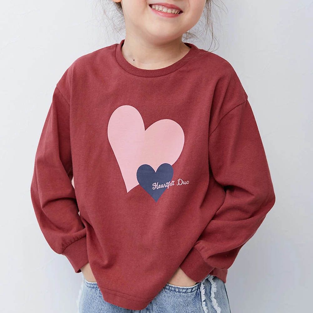 日本 devirock - 100%棉 定番女孩印花長袖上衣-愛心-酒紅｜媽咪愛