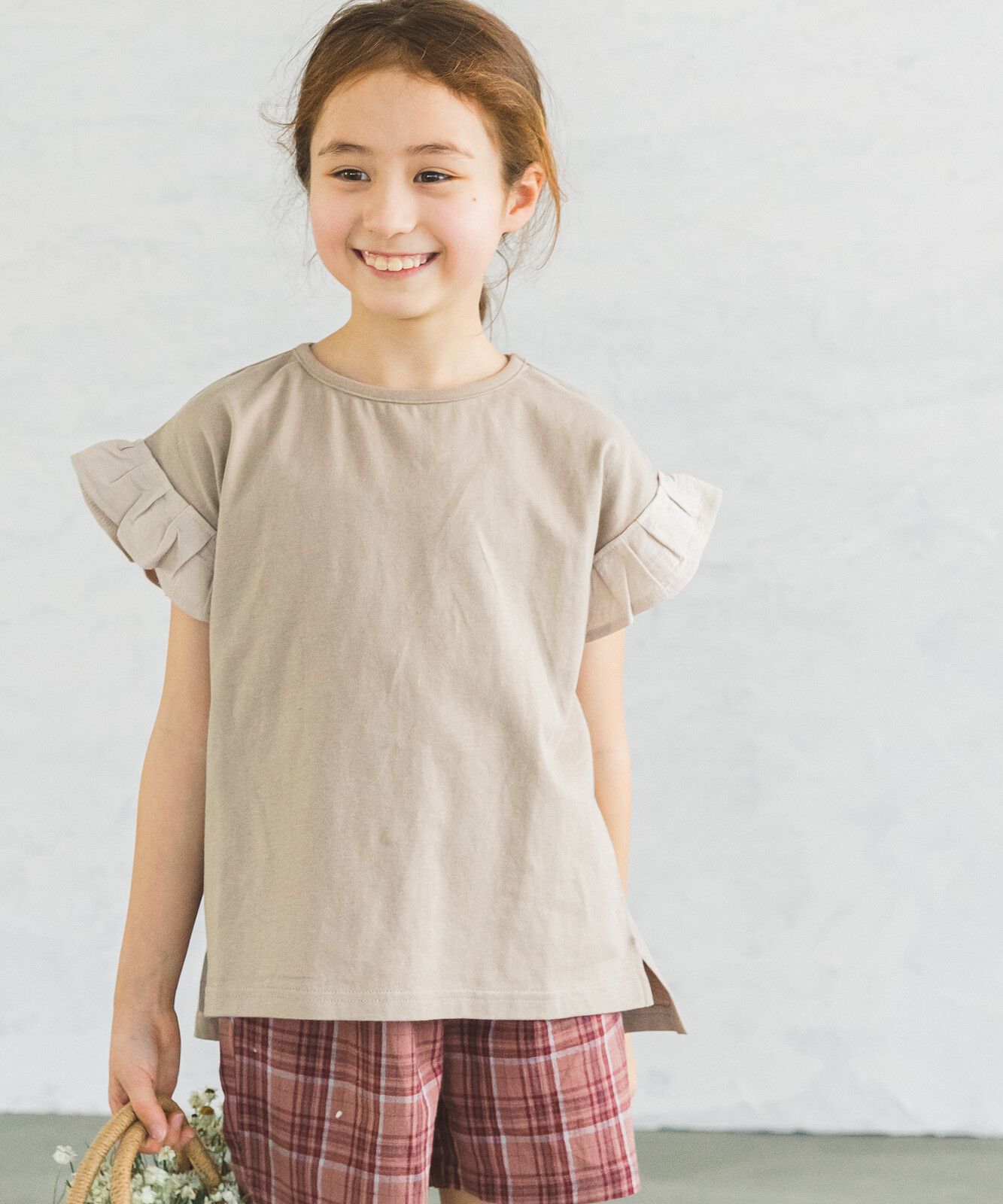 日本 PAIRMANON - 100%柔棉 拼接短T-袖口荷葉拼接-粉米｜媽咪愛