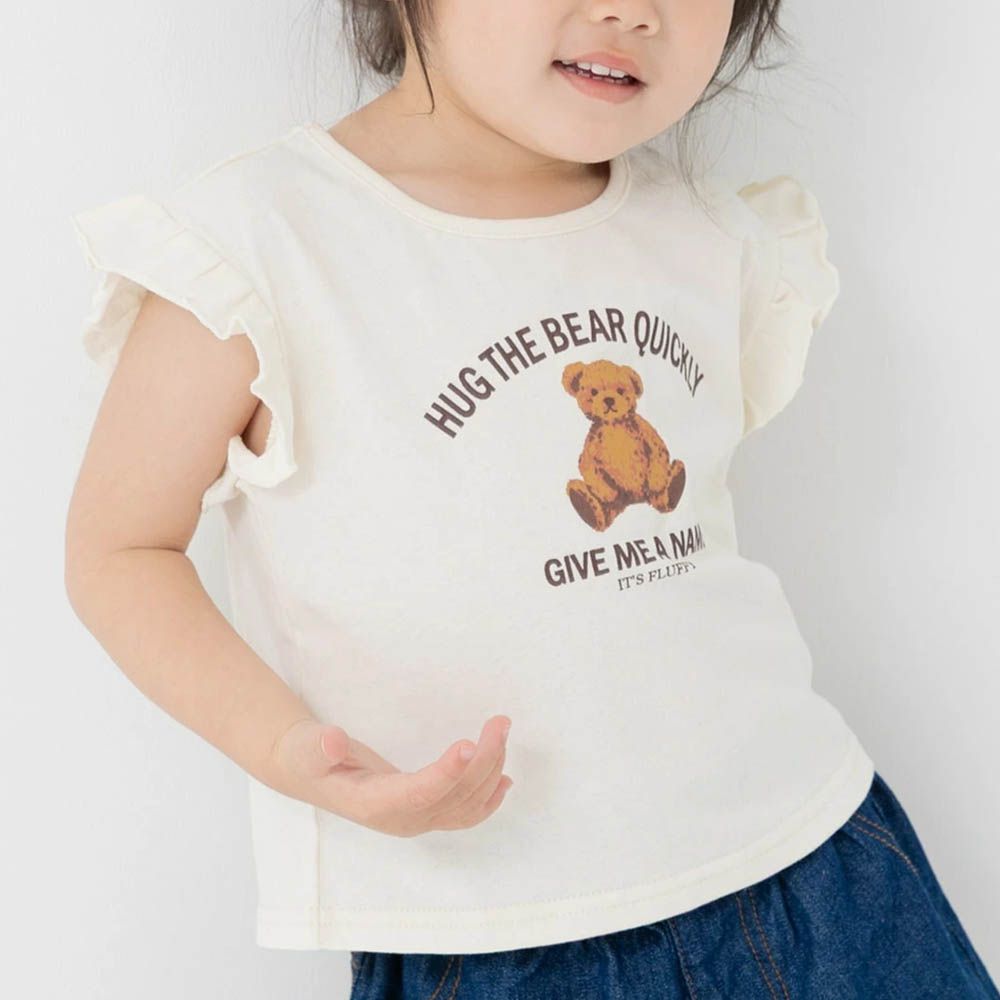 日本 Chil2 - 100%棉 荷葉邊女孩印花短袖上衣-熊熊-奶油白｜媽咪愛