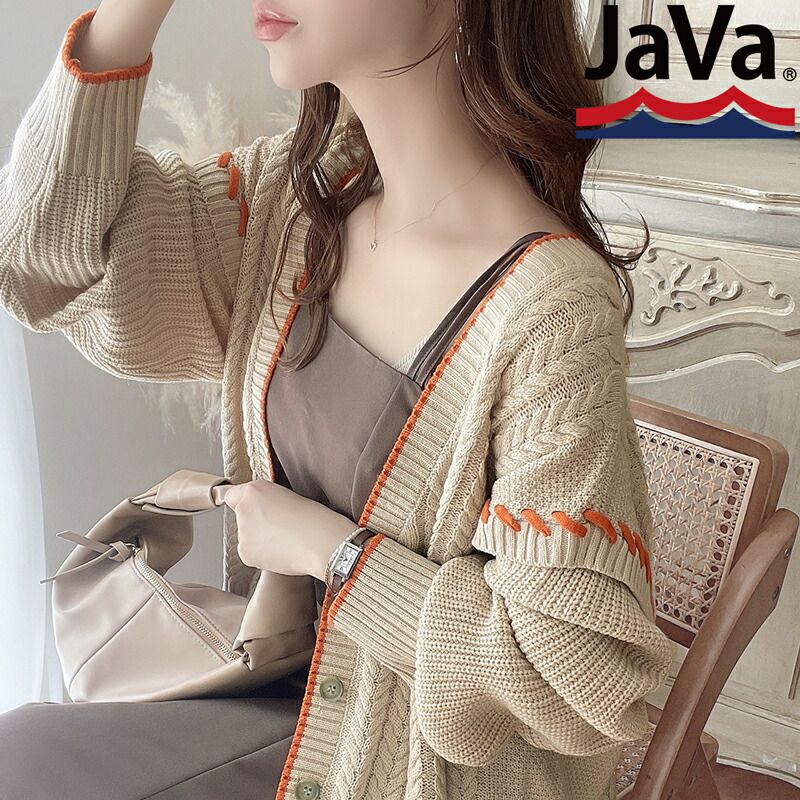 日本 Classical Elf - 2WAY滾邊縫線粗針織外套-摩卡x杏｜媽咪愛