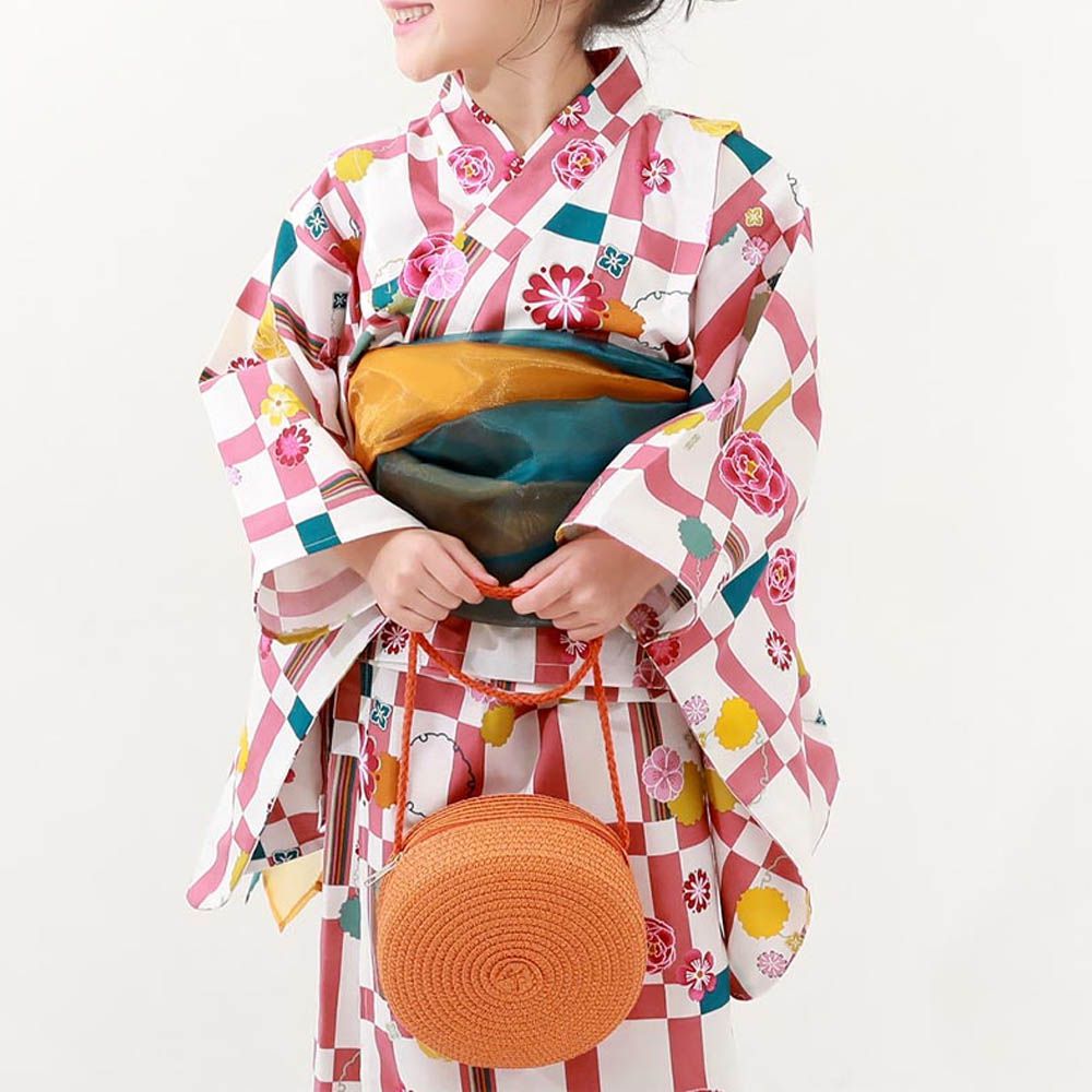 日本 devirock - 2way穿搭浴衣洋裝華麗4件組-格子小花-粉紅｜媽咪愛