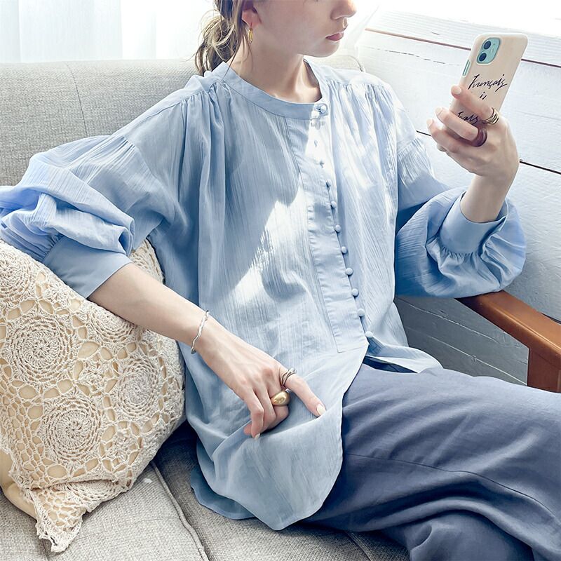 日本 Classical Elf - 中山領透膚感楊柳長袖上衣-黑｜媽咪愛