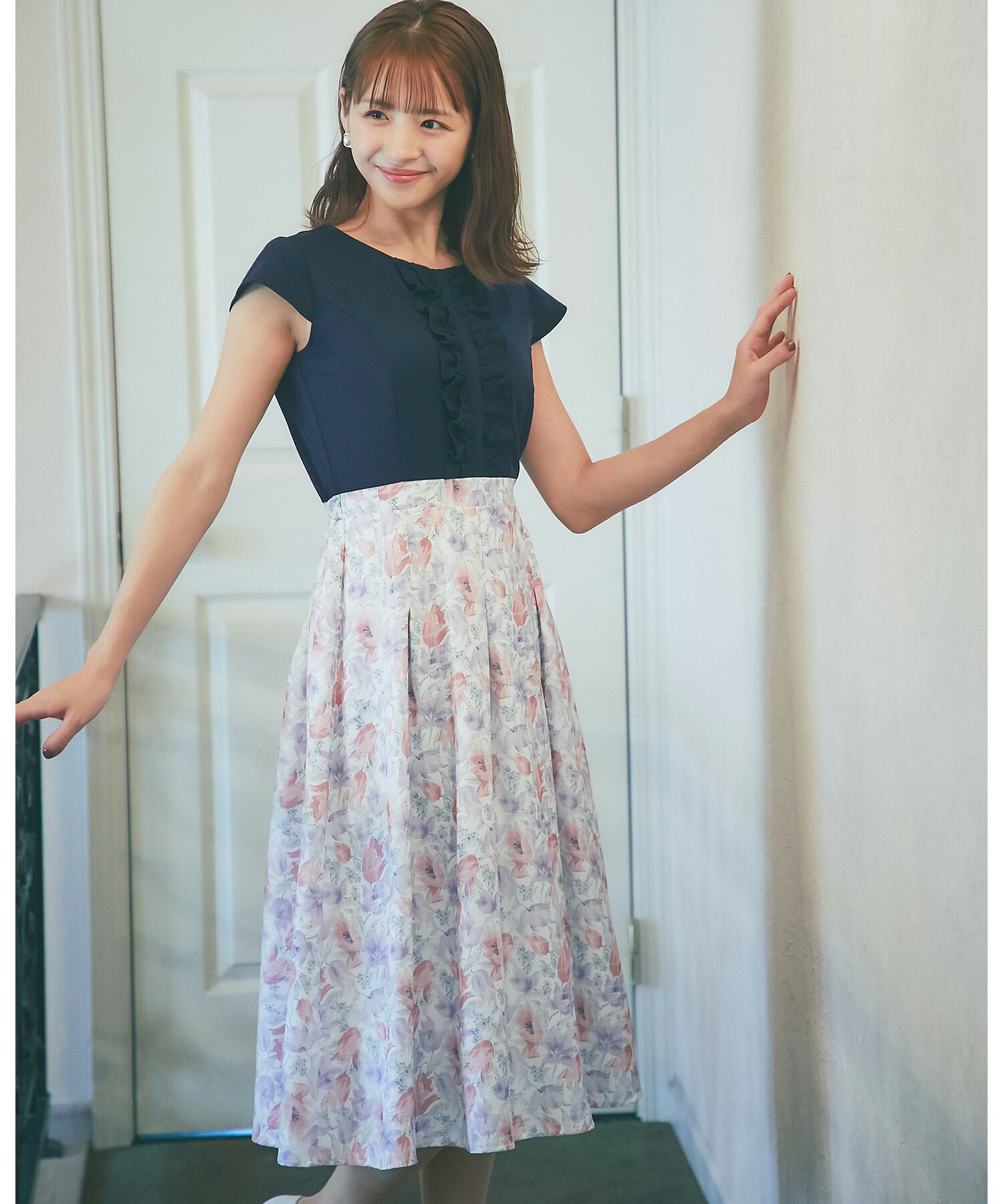 日本 tocco-closet - 荷葉滾邊拼接縮腰洋裝-鬱金香-粉紫｜媽咪愛