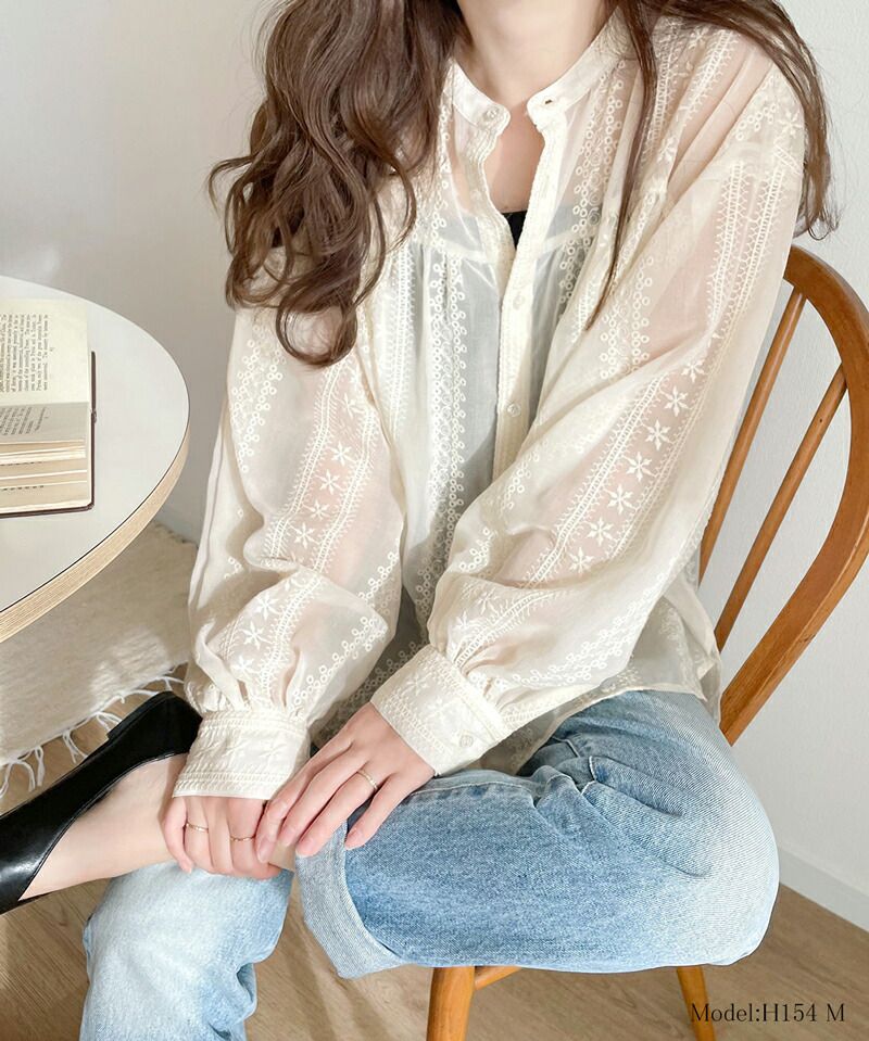 日本 Classical Elf - 2WAY微立領花朵刺繡透膚襯衫-肉桂橘｜媽咪愛