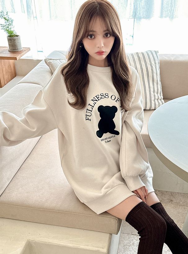 日本 GRL - 泰迪熊剪影長版休閒大學T-灰 (F)｜媽咪愛