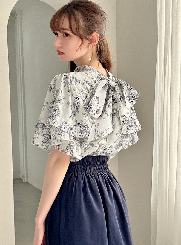 日本 GRL - 2WAY蝴蝶結碎花雪紡短袖上衣-藍x白 (F)｜媽咪愛