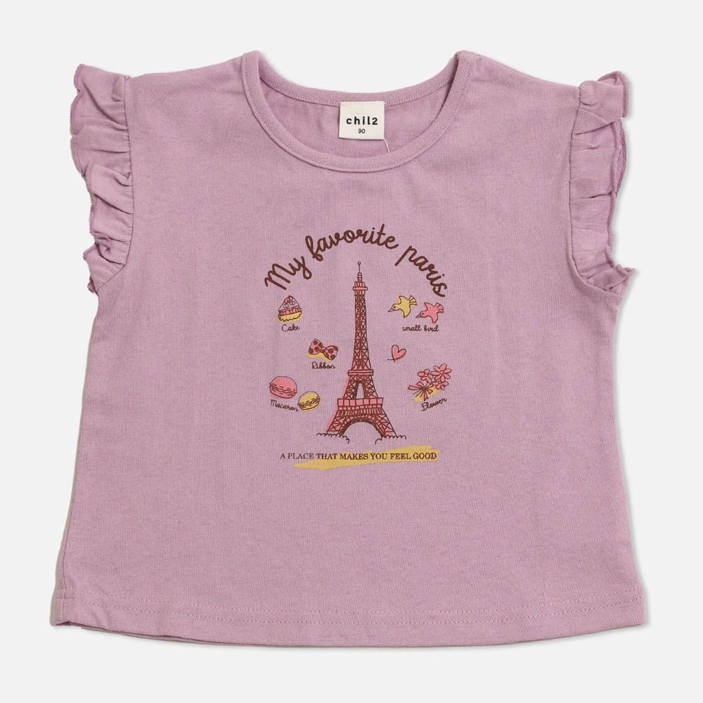 日本 Chil2 - 100%棉 荷葉邊女孩印花短袖上衣-巴黎鐵塔-紫｜媽咪愛