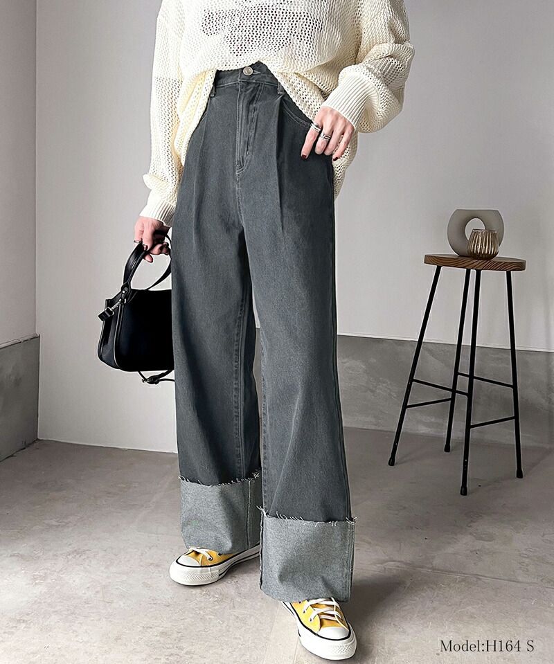 日本 Classical Elf - 美式復古反摺牛仔寬褲-刷舊黑｜媽咪愛