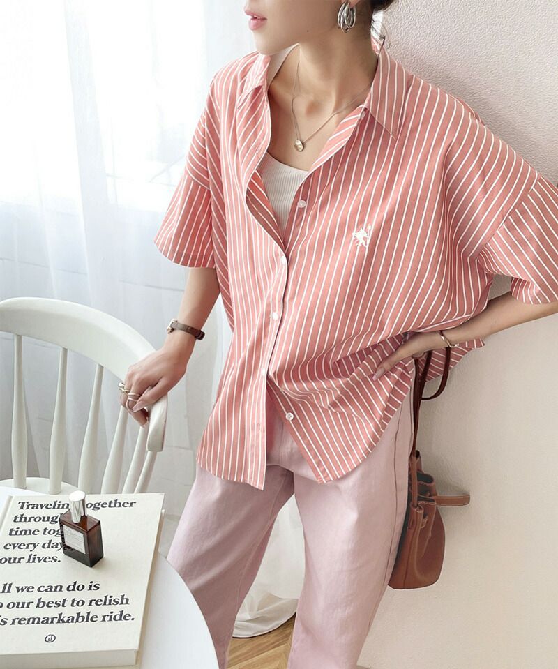 日本 Classical Elf - POLO刺繡經典直條紋短袖襯衫-橘紅｜媽咪愛