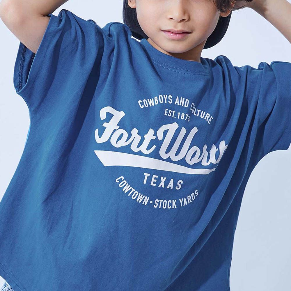 日本 devirock - 100%棉 定番廓型印花短袖上衣-英文logo-寶藍｜媽咪愛