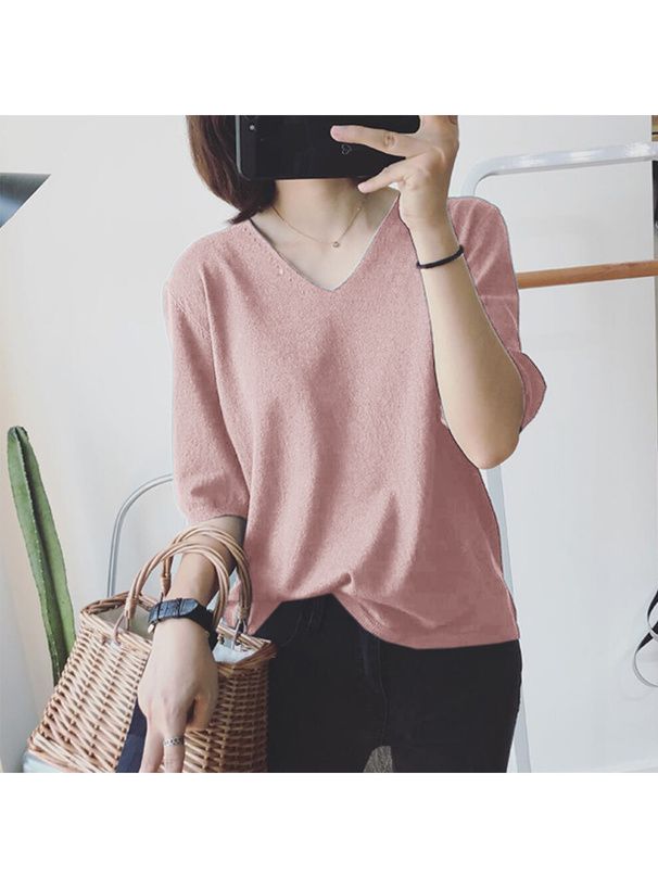 日本 GRL - V領薄針織百搭五分袖上衣-粉紅 (F)｜媽咪愛