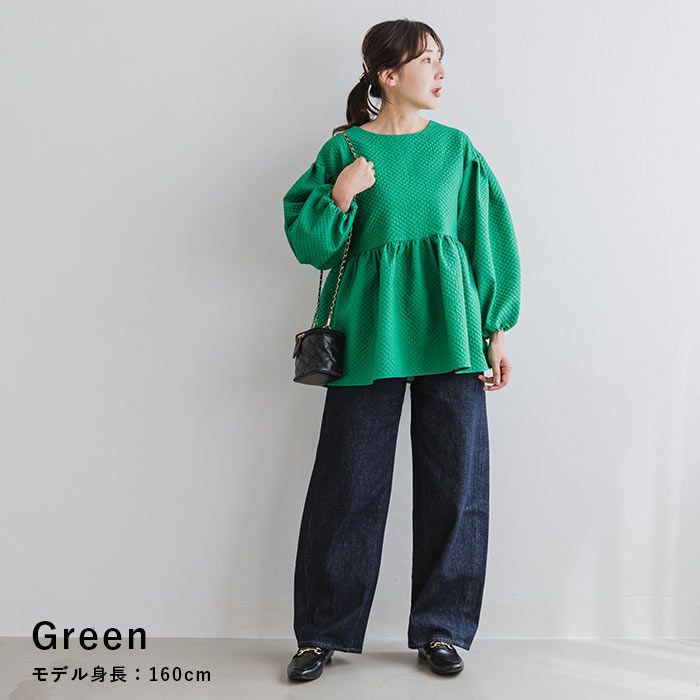 日本 ihuu - 甜美腰線壓紋後綁帶長袖上衣-寶石綠｜媽咪愛