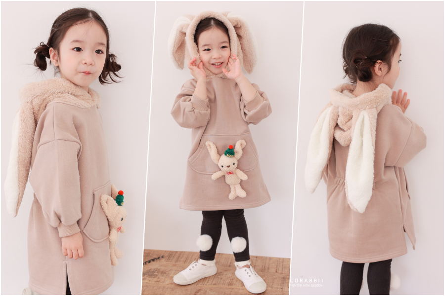 韓國 Coco rabbit - 毛絨長耳兔長版連帽上衣-粉｜媽咪愛