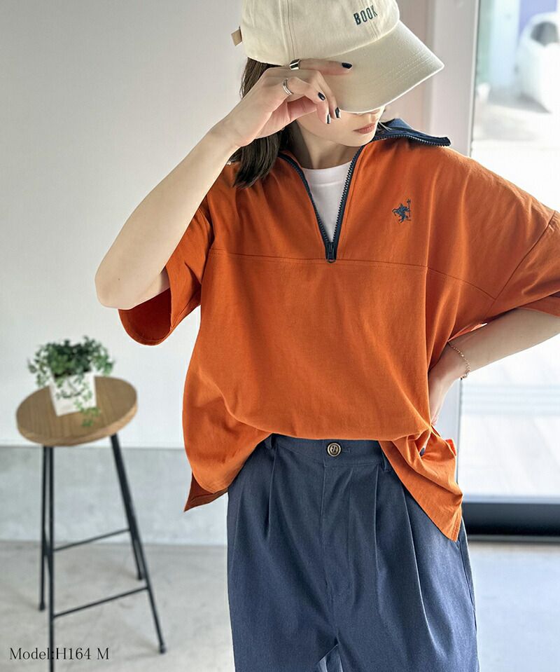 日本 Classical Elf - 100%天竺棉 POLO刺繡拉鍊短袖上衣-暖橘｜媽咪愛