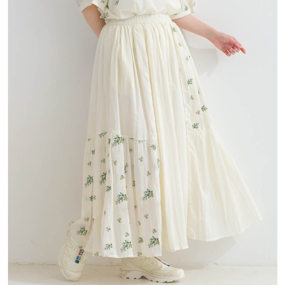 日本 Lupilien - 100%印度棉 優美植物刺繡長裙-象牙｜媽咪愛