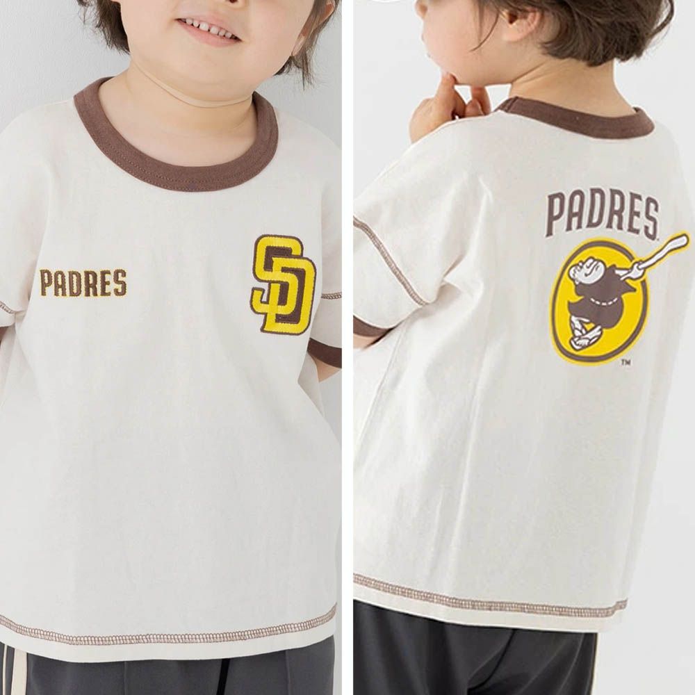 日本 Chil2 - MLB聯名 100%刺繡logo補丁短袖上衣-聖地牙哥教士-奶油杏｜媽咪愛