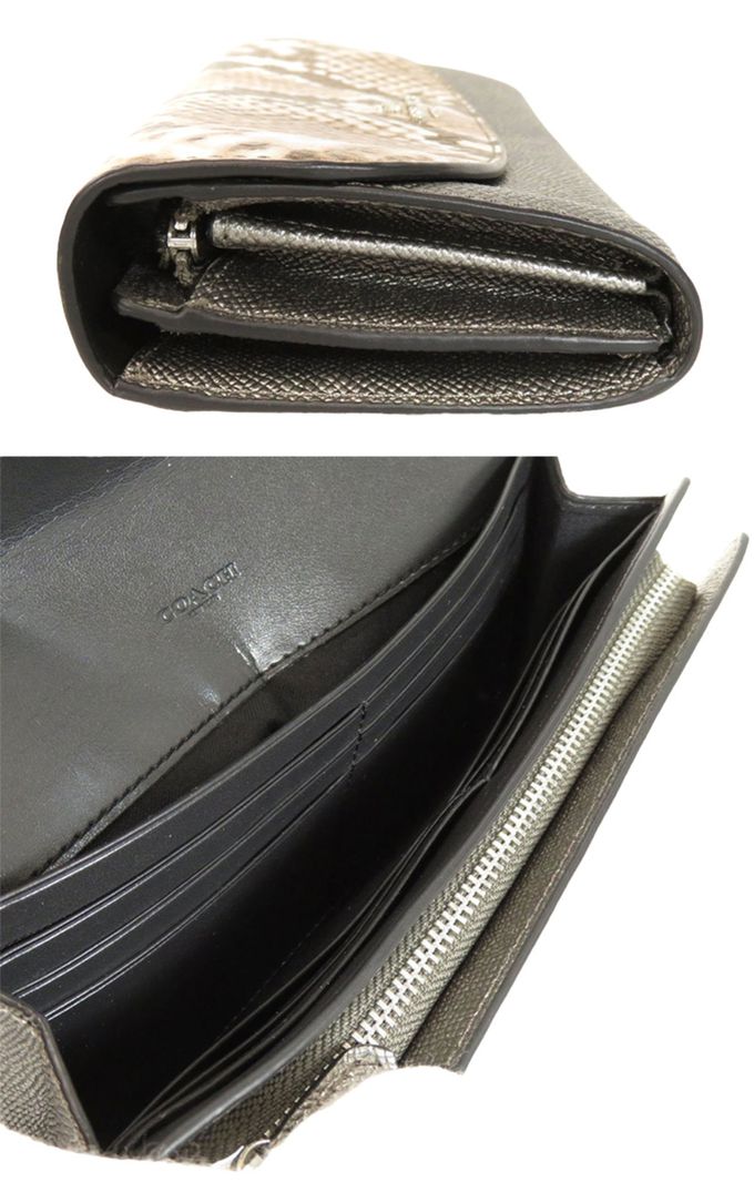 COACH - 蛇紋皮革翻蓋長夾 (銀)｜媽咪愛