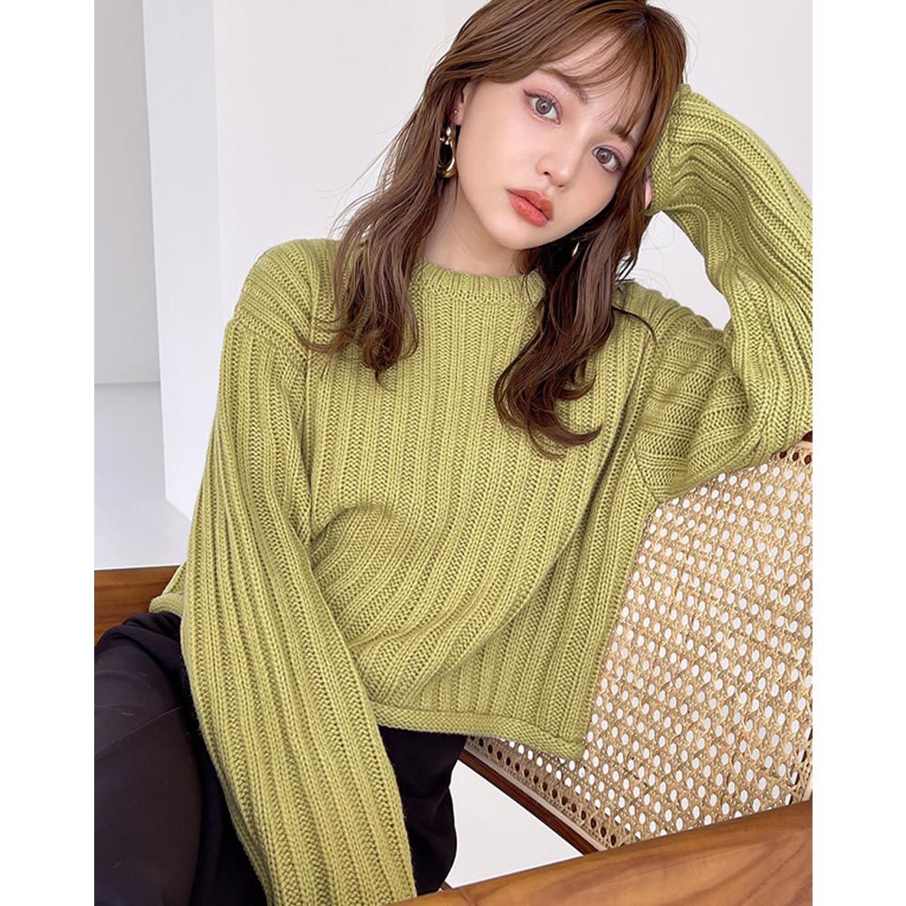 日本 GRL - 圓領坑條短版針織上衣-綠黃 (F)｜媽咪愛