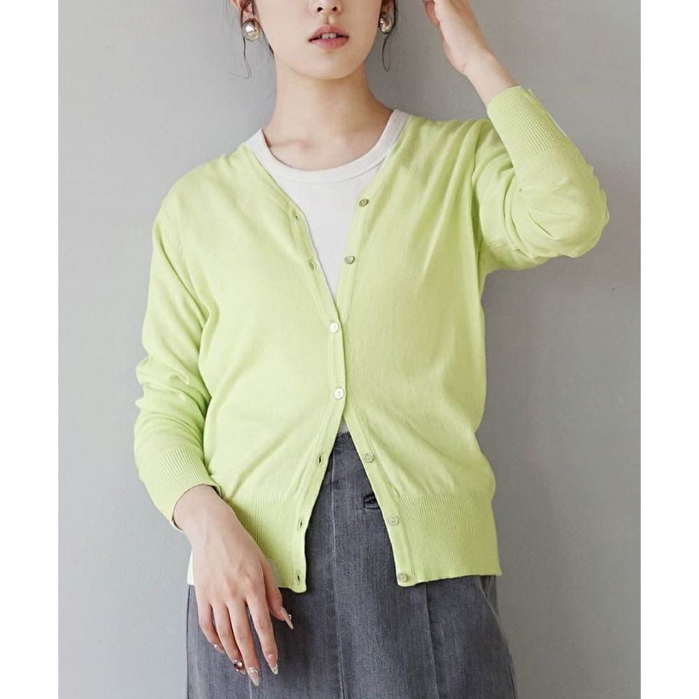 日本 zootie - 100%棉 簡約V領薄針織外套-萊姆綠｜媽咪愛