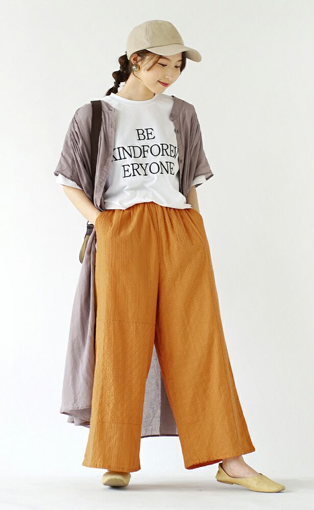 日本 zootie - 100%印度棉 涼爽變形蟲刺繡寬褲-暖橘｜媽咪愛