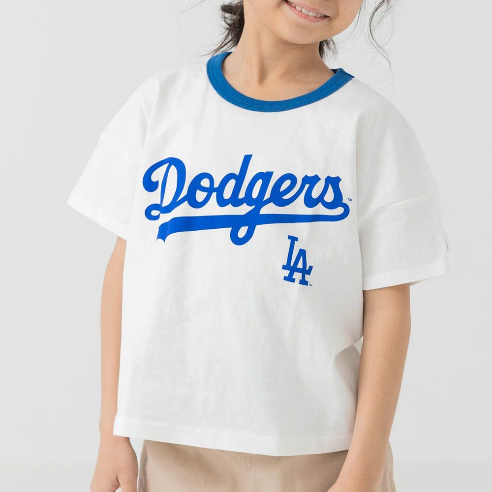 日本 Chil2 - MLB聯名 100%棉落肩短袖上衣-洛杉磯道奇-白｜媽咪愛