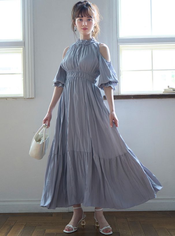日本 GRL - 氣質微光澤削肩收腰洋裝-星塵藍｜媽咪愛